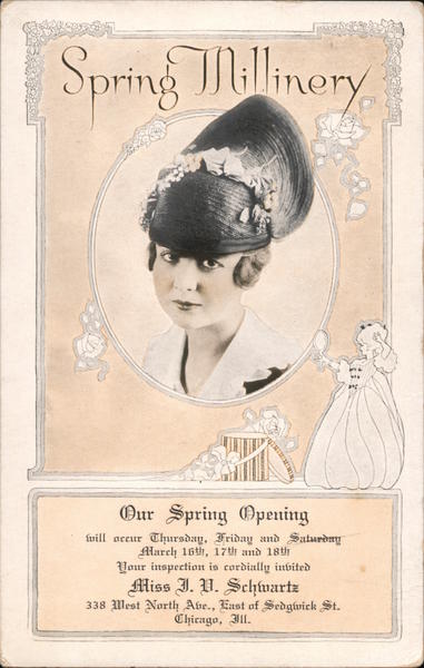 Spring Millinery, Miss J.D. Schwartz, Chicago Advertising Postcard