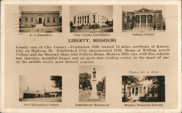 Various Town Buildings and Monuments Liberty, MO Postcard