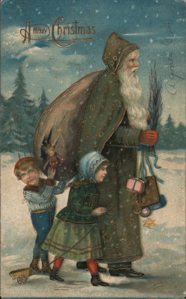 Santa in Green Robe, Children Santa Claus Postcard