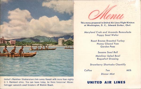 United Air Lines Mainliner Stratocruiser Hawaii Menu Card Airline ...