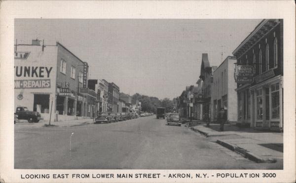 Looking East from Lower Main Street Akron, NY Postcard