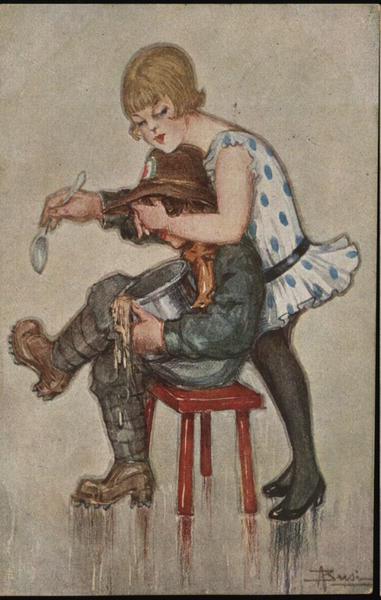 Woman Surprises a Man Cooking Artist Signed Adolfo Busi Postcard