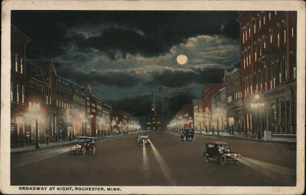 Broadway at Night Rochester, MN Postcard