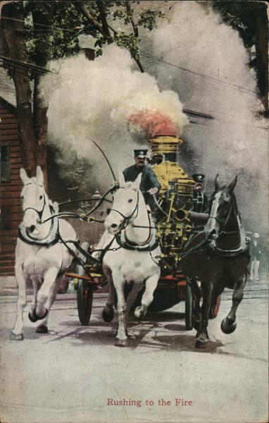 Rushing to the Fire Horse-drawn Fire Engine Firemen Postcard