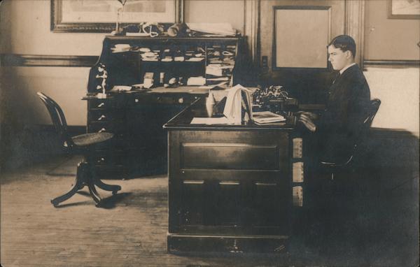 Man at Desk, Typewriter Typewriters Postcard