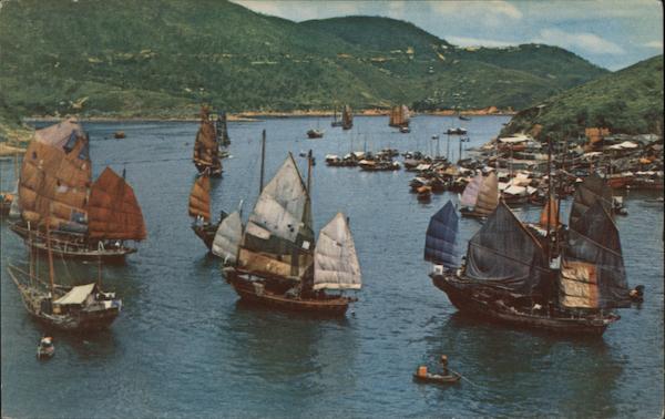 Fishing Junks in Aberdeen Harbour Hong Kong China Postcard