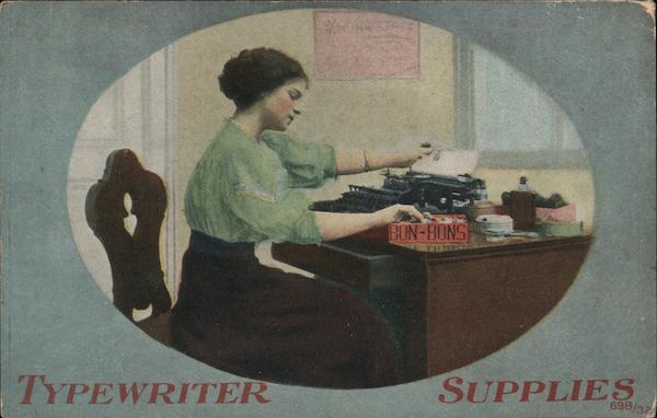 Typewrite Supplies - Woman at a desk eating Bon Bons Advertising Postcard