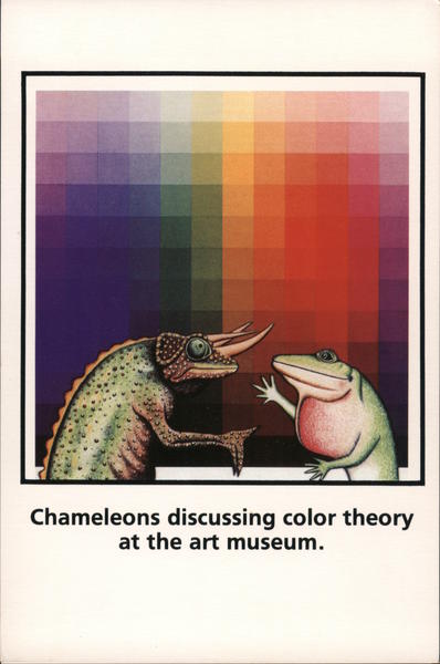 Chameleons discussing color theory at the art museum. Comic, Funny Postcard