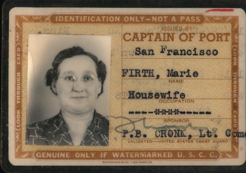 US Coast Guard ID Marie Firth, 1942 San Francisco, CA Ephemera