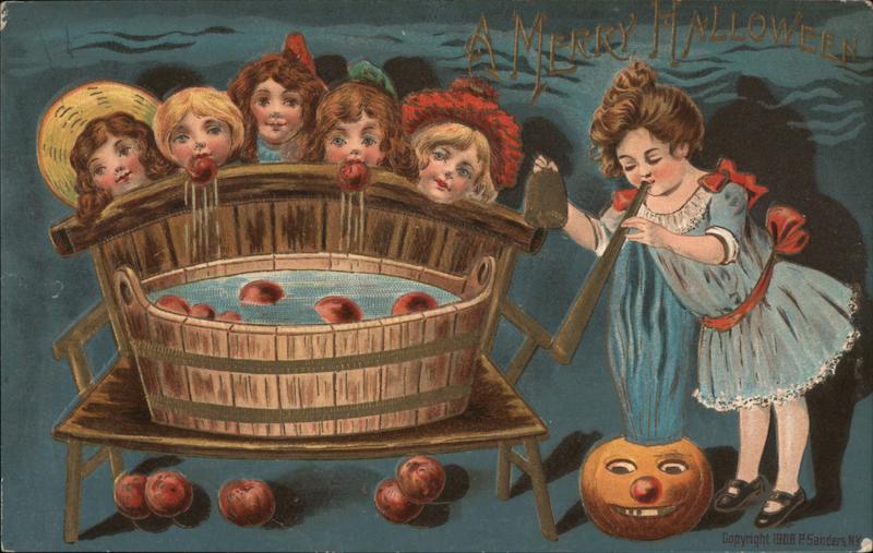 Children Bobbing for Apples Halloween Postcard