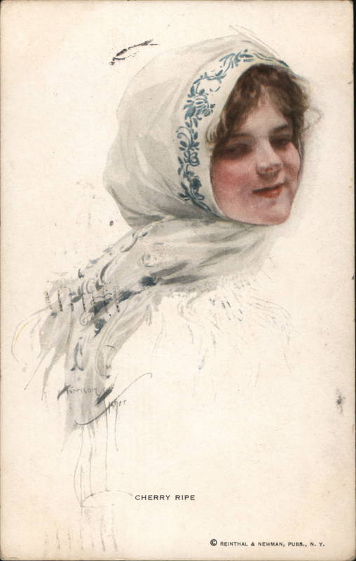 Cherry Ripe - Girl with Floral Headscarf Harrison Fisher Postcard