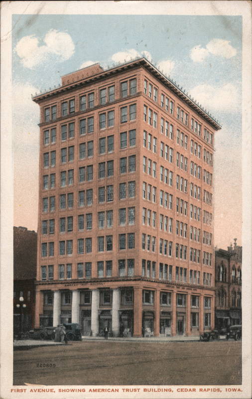 First Avernue Showing American trust Building Cedar Rapids, IA Postcard