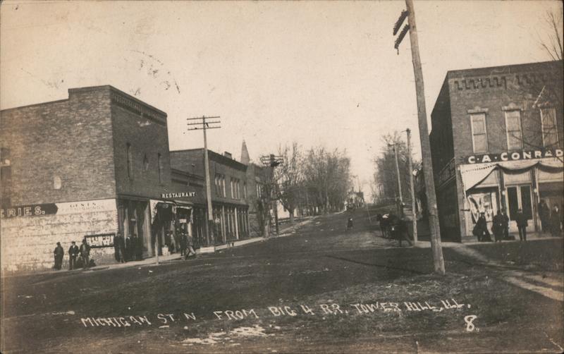 Michigan Street North Fro Big 4 Railroad Tower Hill, IL Postcard