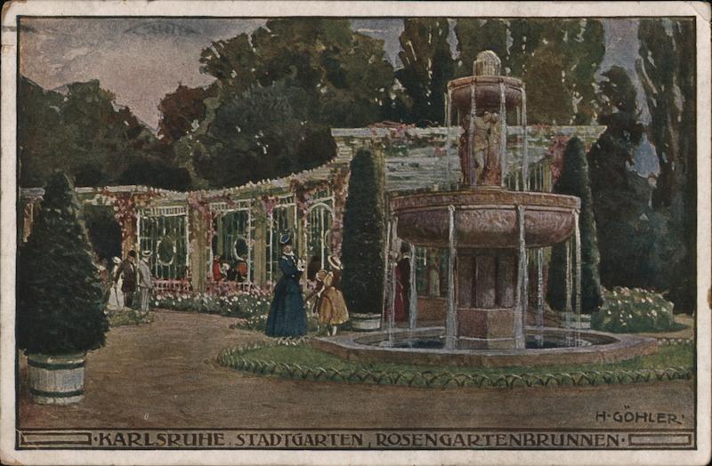 Stadtgarten, Rosengartenbrunnen Karlsruhe, Germany H. Gomer Postcard