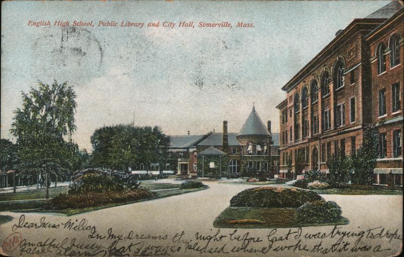 English High School, Public Library, and City Hall Somerville, MA Postcard