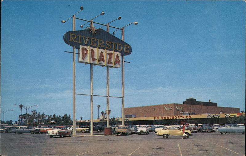 Riverside Plaza shopping center sign and parking lot California Postcard