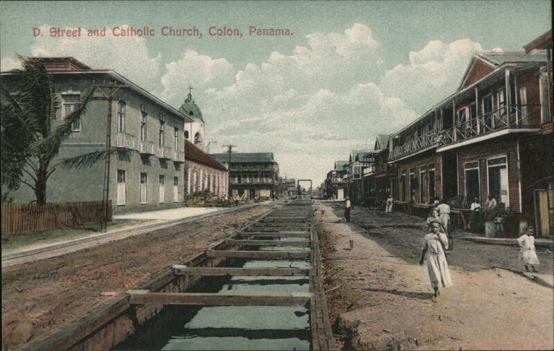 D. Street and Catholic Church, Colon, Panama Postcard