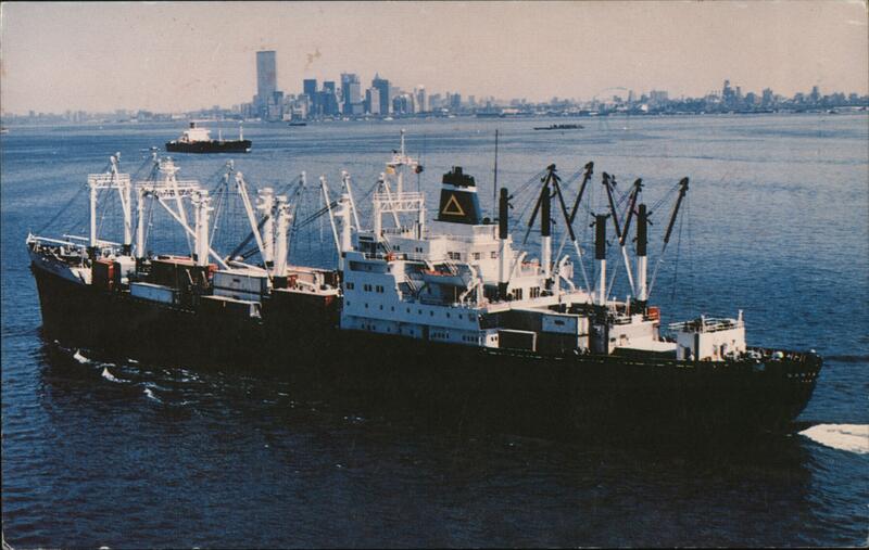 Delta Line Freighter, Manhattan Skyline New York, NY Boats, Ships Postcard