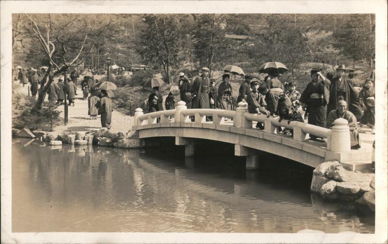 People on Bridge in Park, Japan, 1935 Kyoto, Japan Postcard