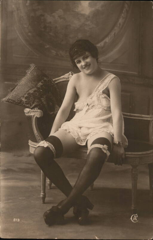 French Risque Postcard, Woman in Lingerie on Chaise Lounge French Nudes ...