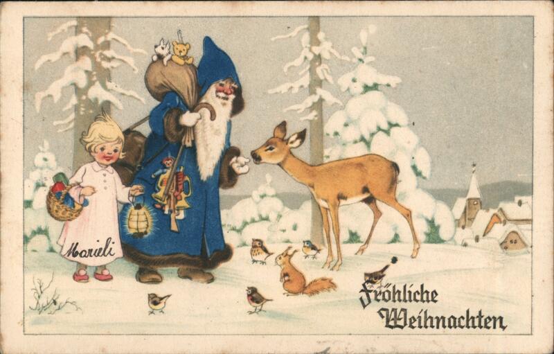 German Santa, Child, Deer, and Animals Santa Claus Marieli Postcard