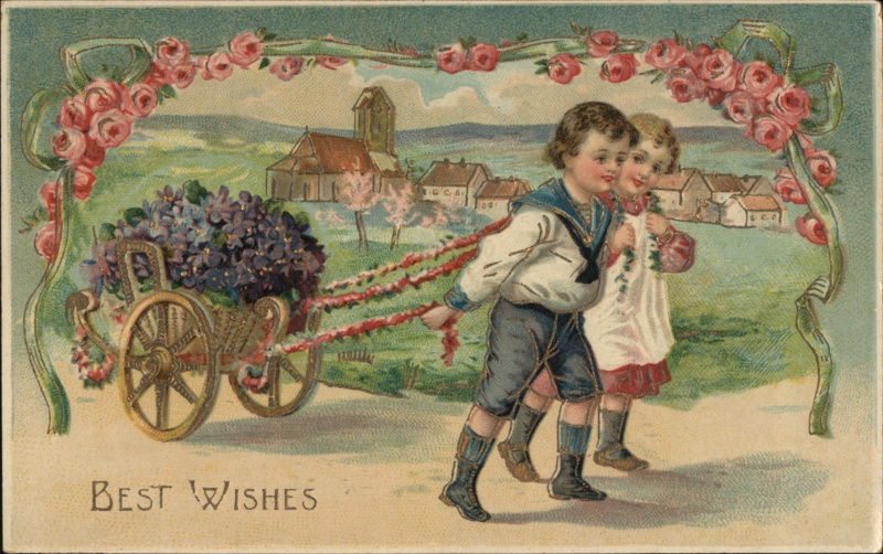 Children with Flower Cart, German Village Scene, Vintage Postcard With Children