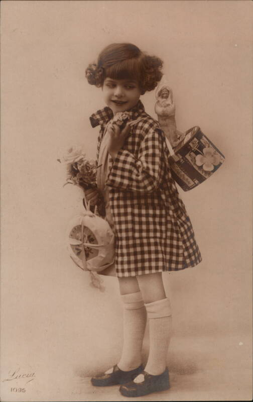 Little Girl with Gifts, Rotterdam, Netherlands - Sepia Photo Postcard