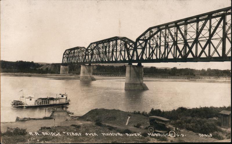 Railroad Bridge & Ferry Over Missouri River Mobridge, SD Postcard