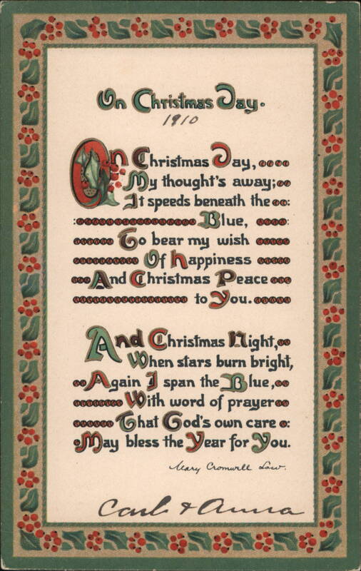 On Christmas Day 1910 - Holly, Poem Postcard