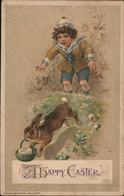 A Happy Easter - Crying Boy, Rabbit with Basket, Eggs With Bunnies John ...
