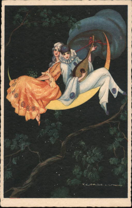Woman and Harlequin Sitting on a Crescent Moon Artist Signed T ...