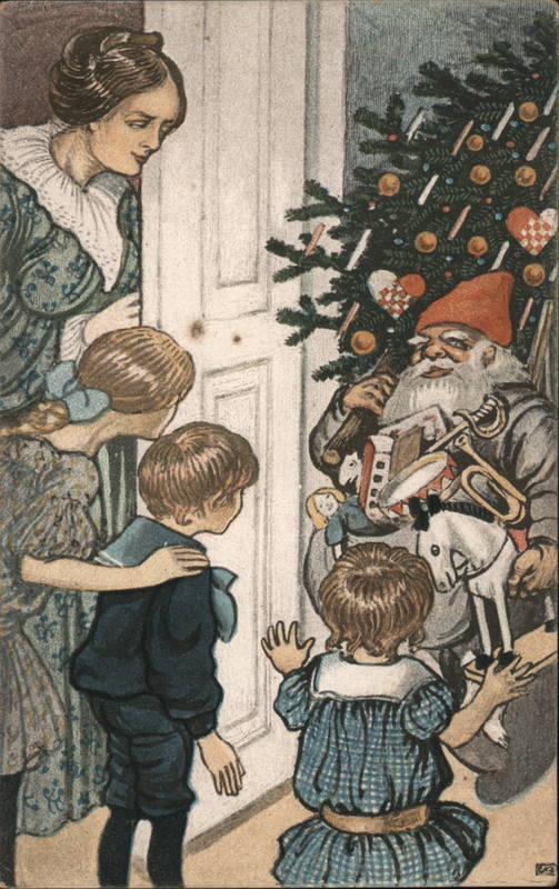 Mother and Children Watching Santa Bring in Toys and Tree Santa Claus ...