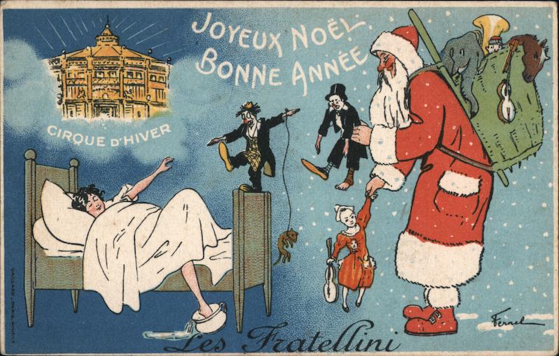 Rare French Santa Holding Dolls by a Bed Where a Child is Sleeping ...