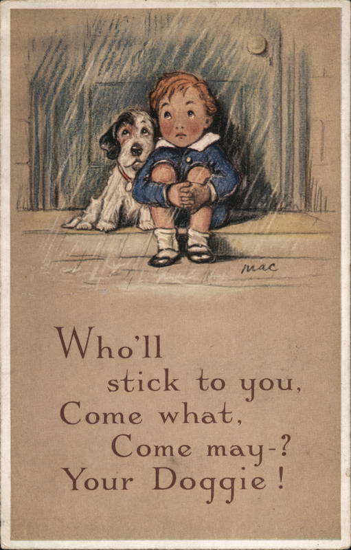 Child and Dog Sitting on Doorstep Artist Signed MAC Postcard