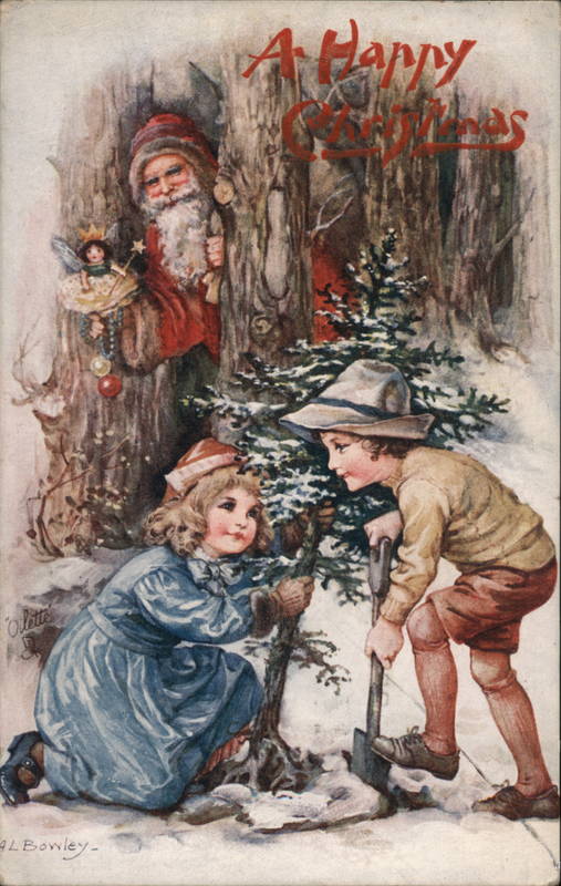 Santa Claus Peaking Around Tree Watching Children Decorate a Tree Postcard