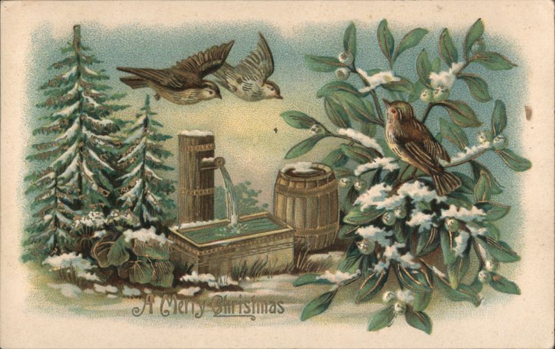Birds at Winter Fountain, A Merry Christmas Postcard