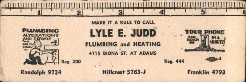Lyle E. Judd Plumbing and Heating Business Card Ruler St. Adams ...