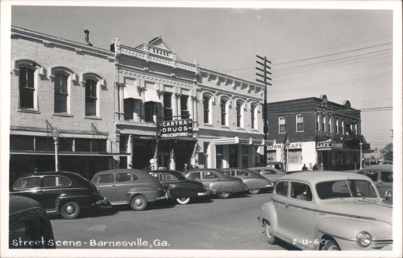 Street Scene with Vintage Cars, Carter Drugs & Gordon Cafe Barnesville ...