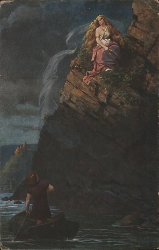 Die Lorelei, Woman on Cliff, Man in Boat on River Fantasy Postcard