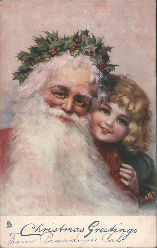 Santa Claus with Child and Holly Wreath, Christmas Greetings Oilette ...