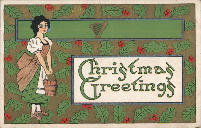 Christmas Greetings with Woman, Holly, Berries, and Harp Postcard