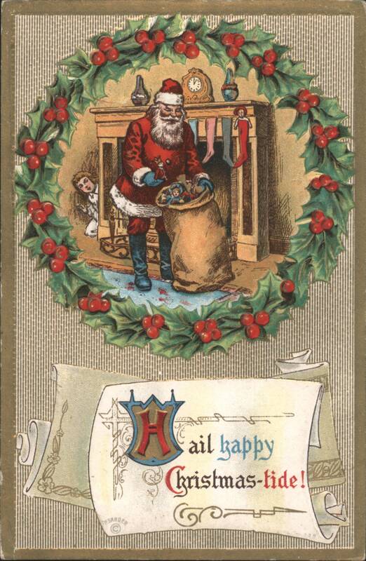 Santa Claus Delivering Toys, Holly Wreath Border, Christmas Greeting ...