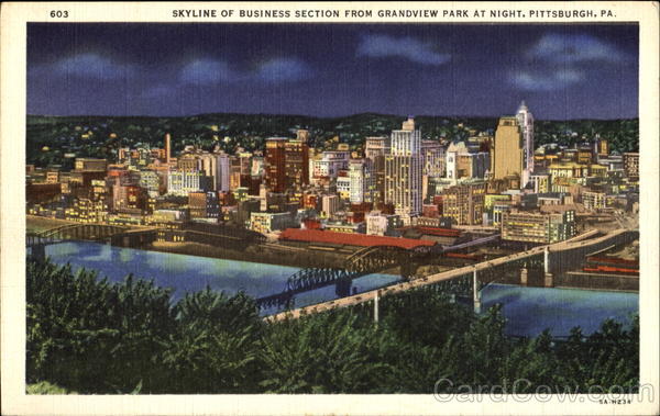 Skyline Of Business Section From Grandview Park At Night Pittsburgh, PA