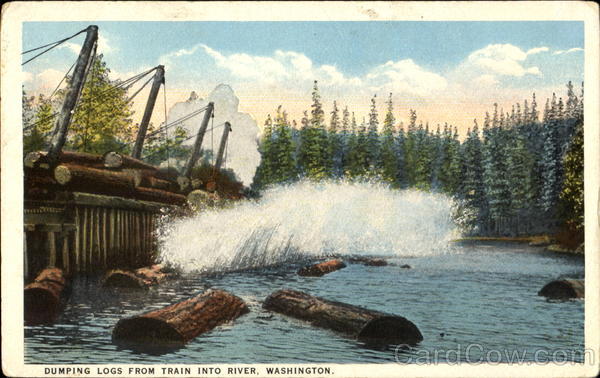 Dumping Logs From Train Into River Washington Logging