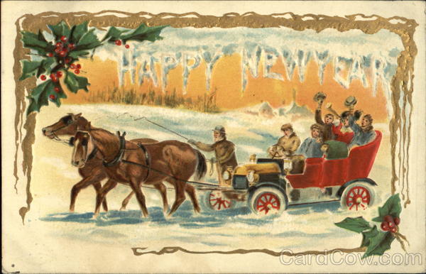 New Year Scene Horses Pulling Car in Snow New Year's