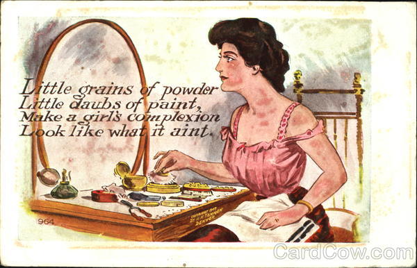 A woman putting on powder in front of a mirror Women