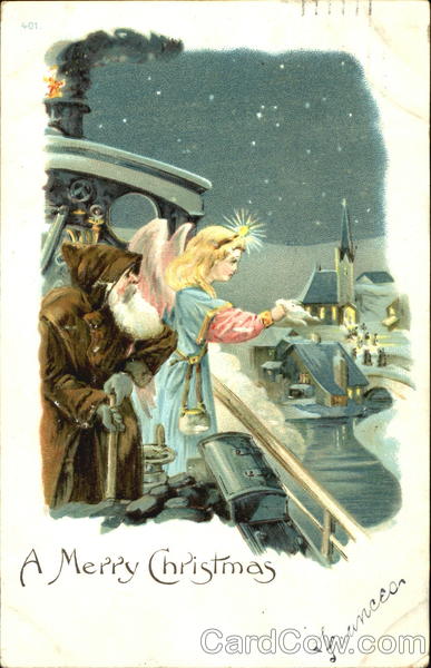 Angel and Santa in brown robe Santa Claus