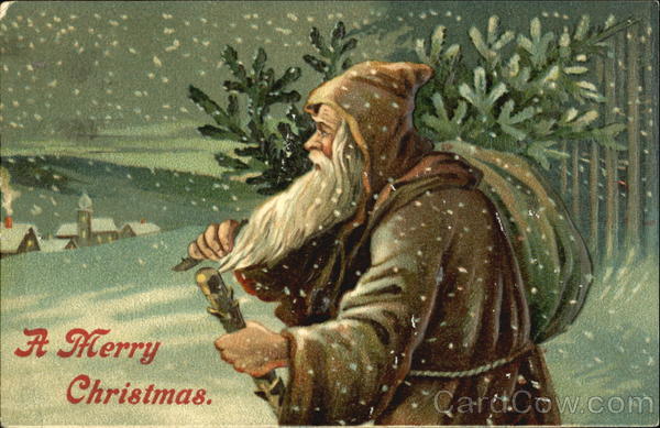 Santa in a brown robe carrying a tree in the snow Santa Claus