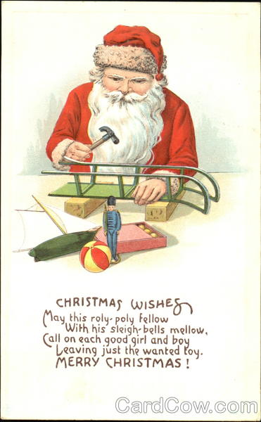 Santa fixing a child's sled Santa Claus