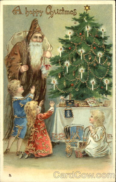 Brown-Robed Santa and Three Children View Candle-Lit Tree Santa Claus